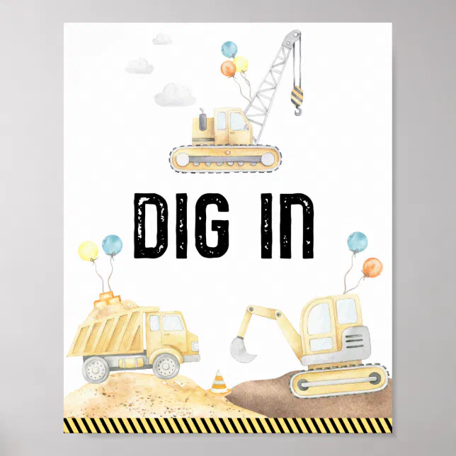 Construction Trucks Dig In Birthday Party Sign | Zazzle