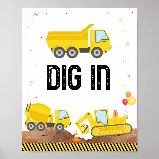 Construction Trucks Dig In Birthday Party Sign | Zazzle
