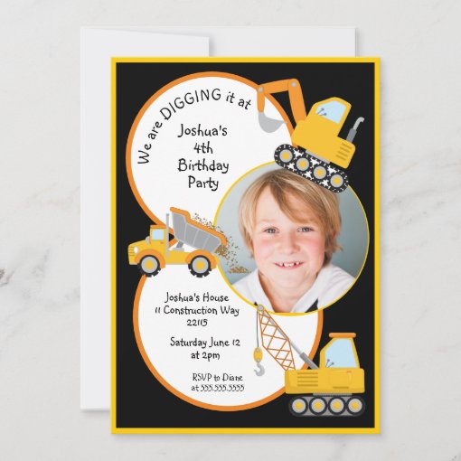 Construction Trucks Digging It Add Photo Birthday Invitation | Zazzle