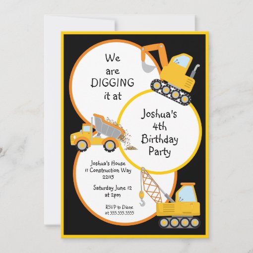 Construction Trucks Digging It Birthday Party Invitation | Zazzle