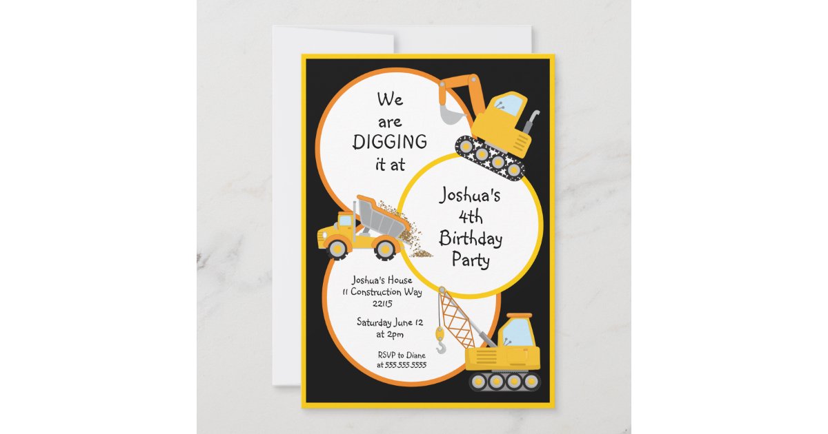 Construction Trucks Digging It Birthday Party Invitation | Zazzle