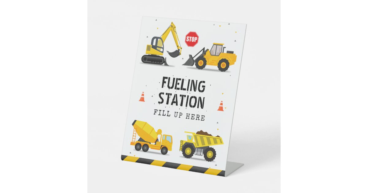 Construction Trucks Kids Birthday Fueling Station Pedestal Sign | Zazzle