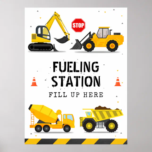 Construction Trucks Kids Birthday Fueling Station Poster | Zazzle