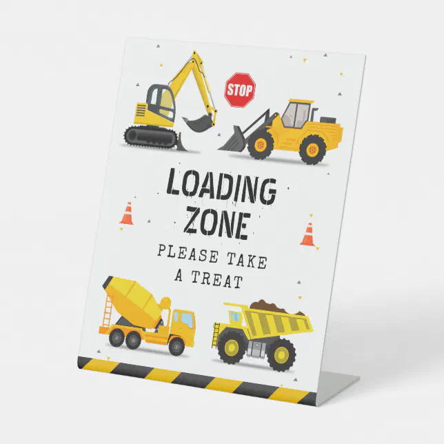 Construction Trucks Kids Birthday Loading Zone Pedestal Sign | Zazzle