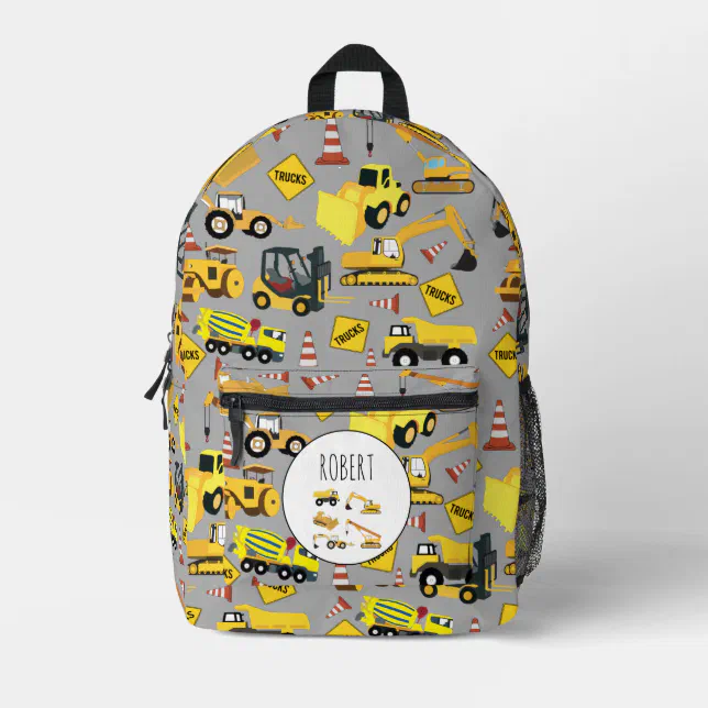 Construction Trucks Pattern Customized Name School Printed Backpack ...