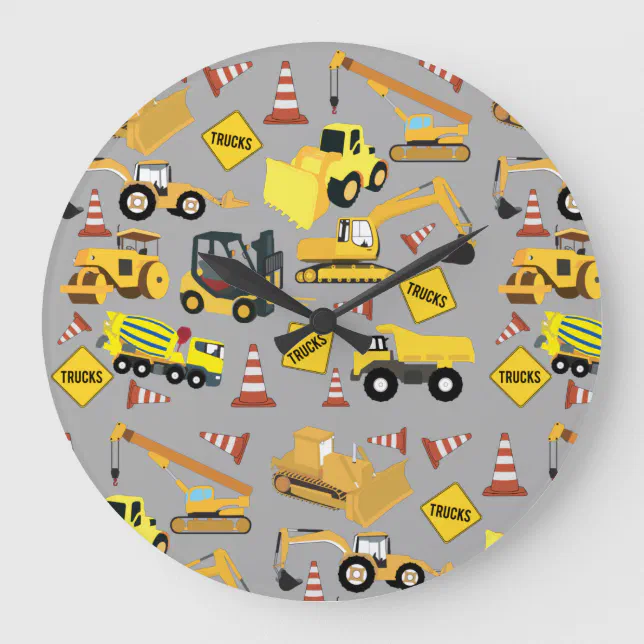 Construction Trucks Pattern Large Clock | Zazzle