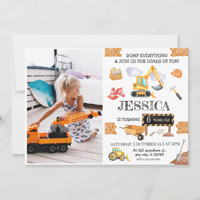 Construction Trucks Theme Birthday Invitation | Zazzle