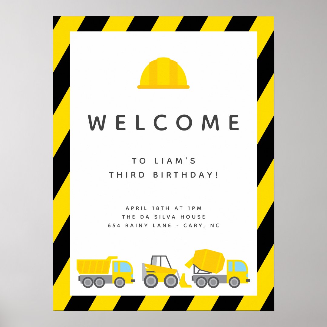 Construction Trucks Theme Birthday Party Welcome Poster | Zazzle