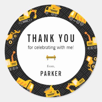 Construction Trucks Theme Thank You Classic Round Sticker | Zazzle