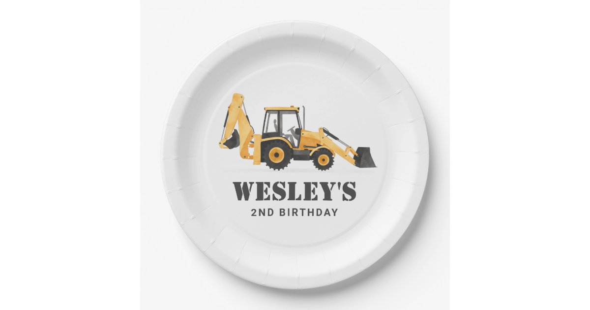 Construction Vehicle Backhoe Birthday Party Paper Plates | Zazzle