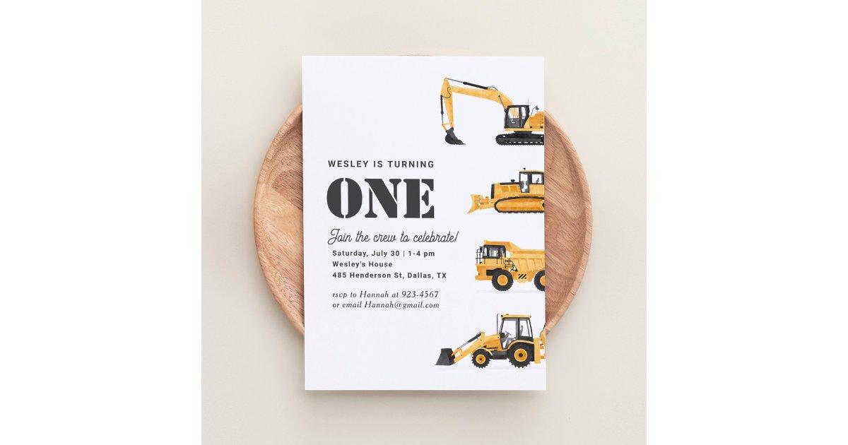 Construction Vehicles 1st Birthday Party Invitation | Zazzle