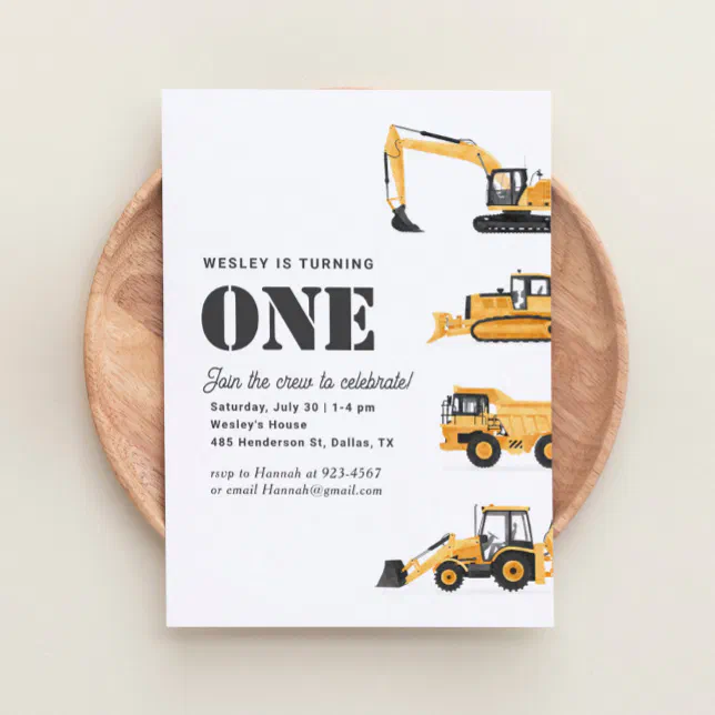 Construction Vehicles 1st Birthday Party Invitation | Zazzle