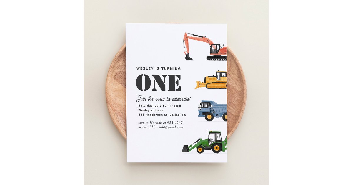 Construction Vehicles 1st Birthday Party Invitation | Zazzle