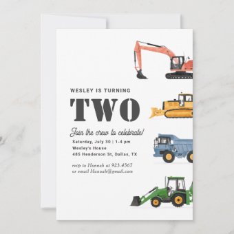 Construction Vehicles 2nd Birthday Party Invitation | Zazzle