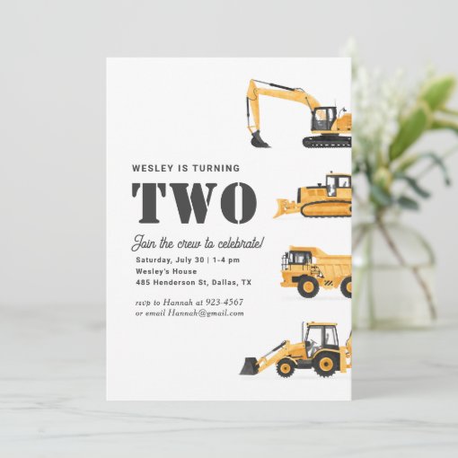 Construction Vehicles 2nd Birthday Party Invitation | Zazzle
