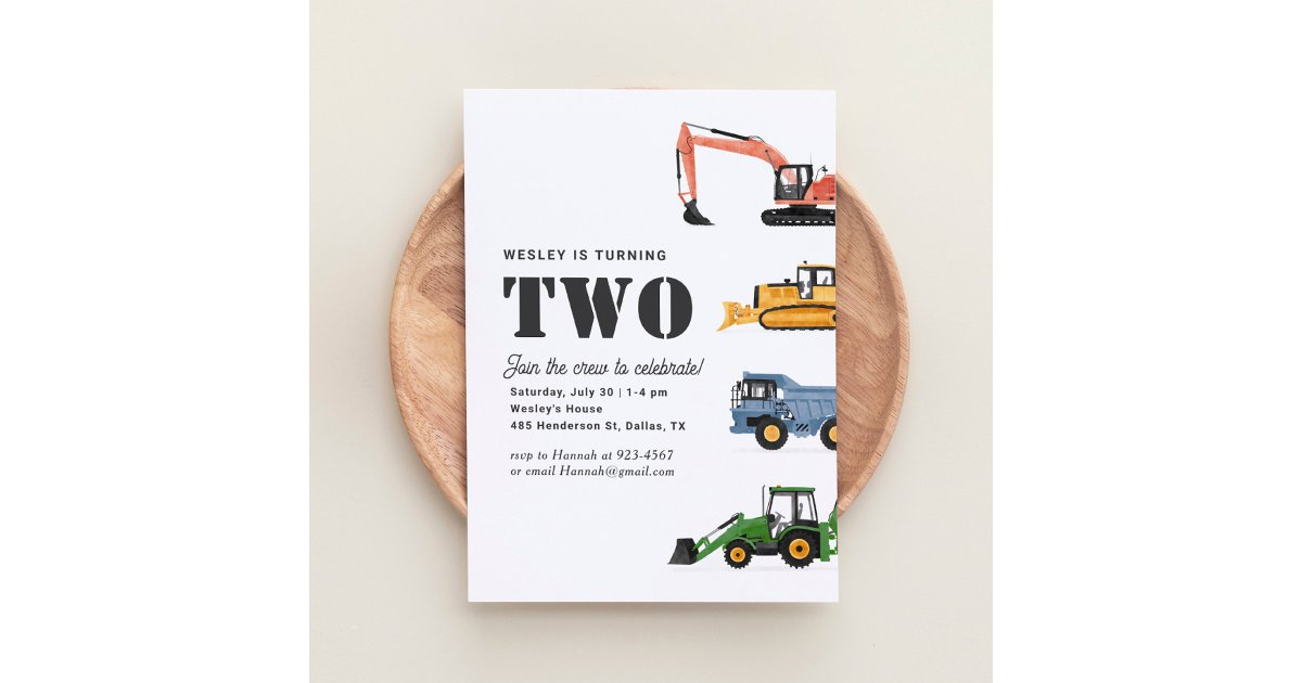 Construction Vehicles 2nd Birthday Party Invitation | Zazzle