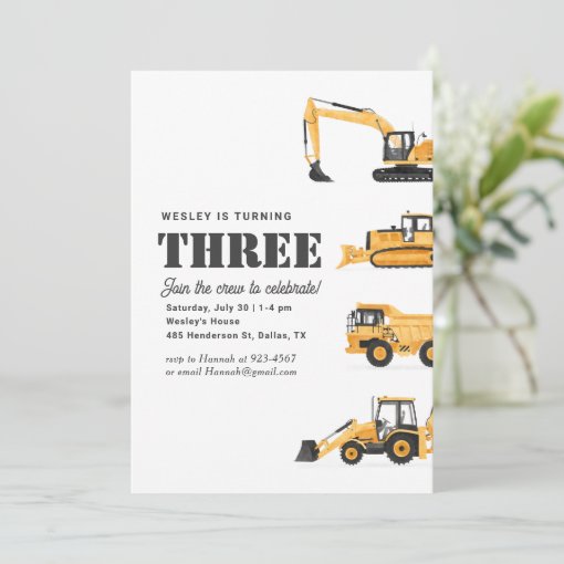 Construction Vehicles 3rd Birthday Party Invitation | Zazzle