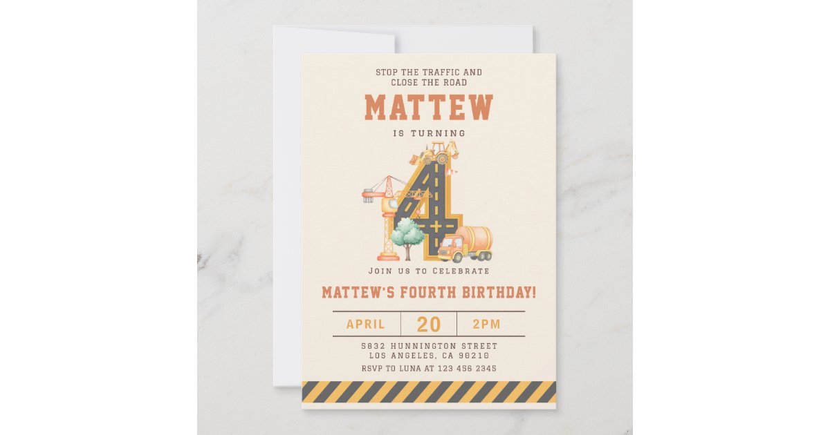 Construction Vehicles 4th Birthday Invitation | Zazzle
