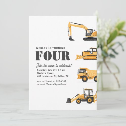 Construction Vehicles 4th Birthday Party Invitation | Zazzle