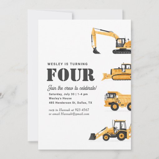 Construction Vehicles 4th Birthday Party Invitation | Zazzle