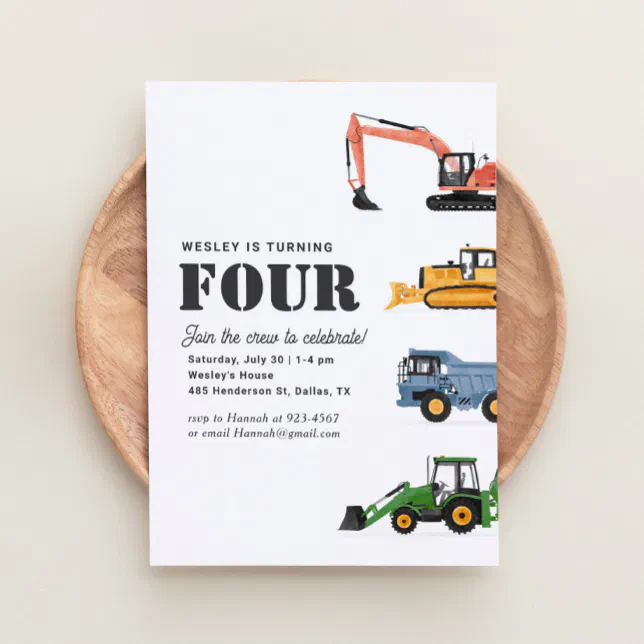 Construction Vehicles 4th Birthday Party Invitation | Zazzle