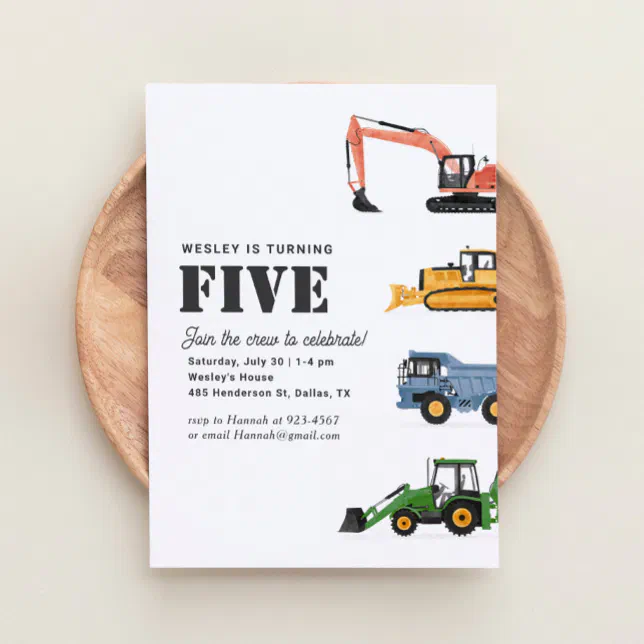 Construction Vehicles 5th Birthday Party Invitation | Zazzle