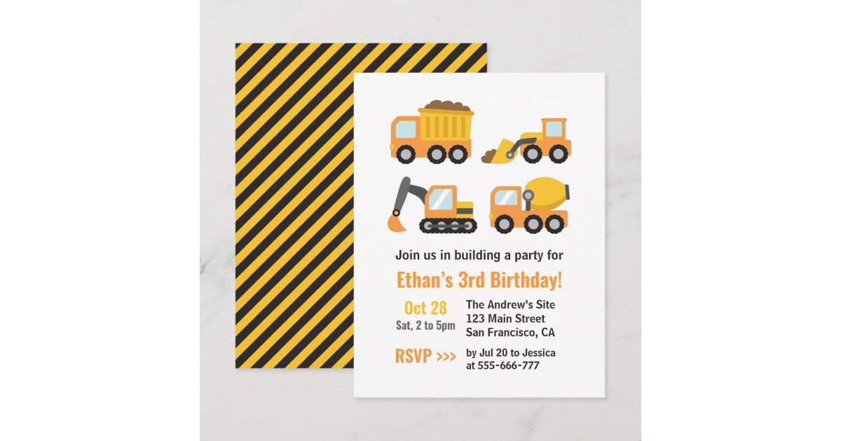 Construction Vehicles and Trucks Boys Birthday Invitation | Zazzle