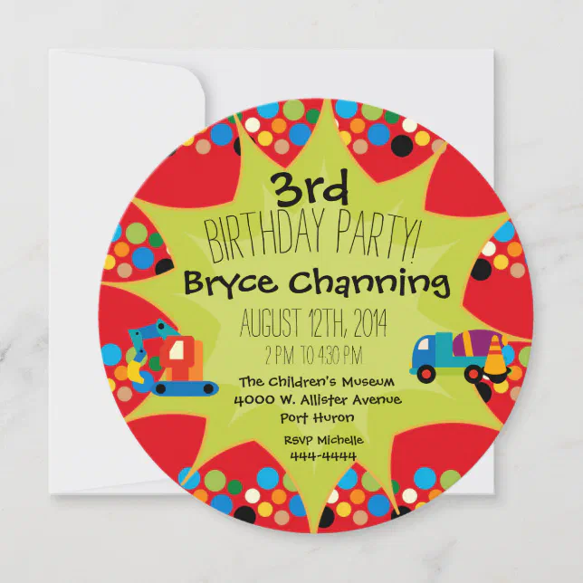 Construction Vehicles Birthday Circle Invite | Zazzle