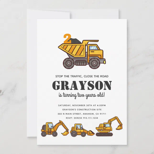 Construction Vehicles Birthday Party Invitation | Zazzle
