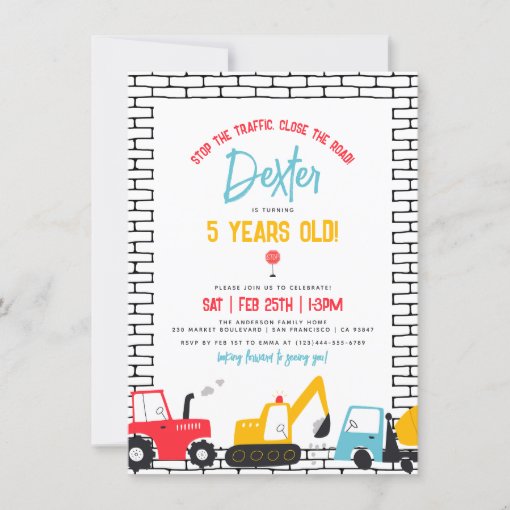 Construction Vehicles Boy Birthday Party Invitation | Zazzle