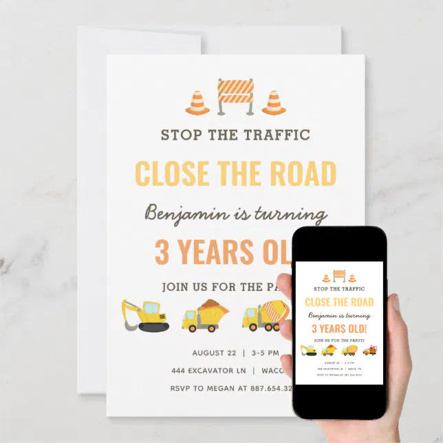 Construction Vehicles Boy Birthday Party Invitation | Zazzle