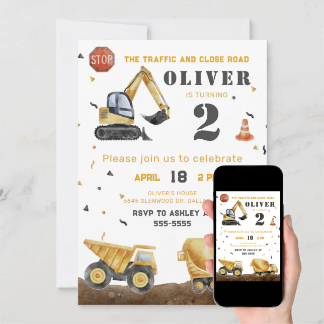 Construction Vehicles Boy Birthday Party Invitation | Zazzle