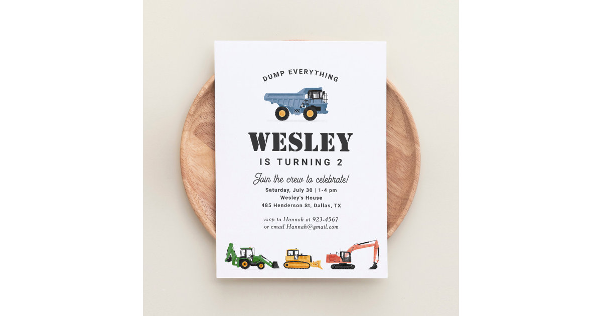 Construction Vehicles Boy Birthday Party Invitation | Zazzle