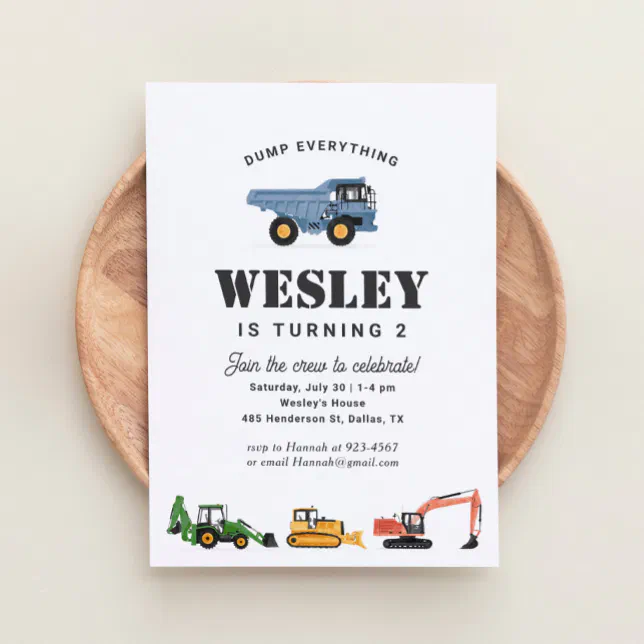 Construction Vehicles Boy Birthday Party Invitation | Zazzle