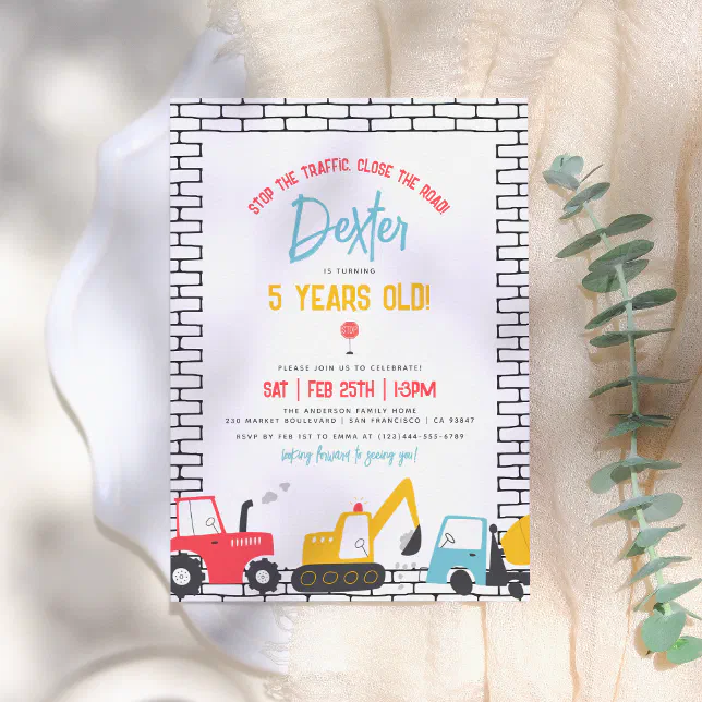 Construction Vehicles Boy Birthday Party Invitation | Zazzle