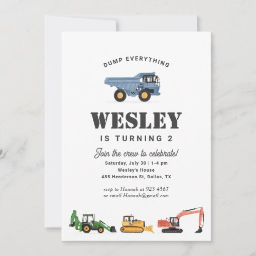Construction Vehicles Boy Birthday Party Invitation | Zazzle