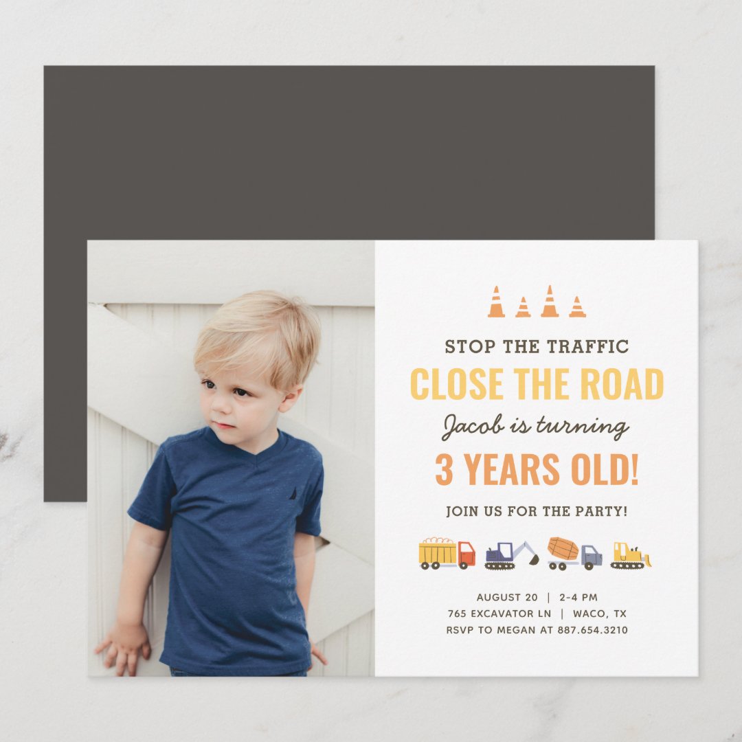 Construction Vehicles Boy Birthday Party Photo Invitation | Zazzle