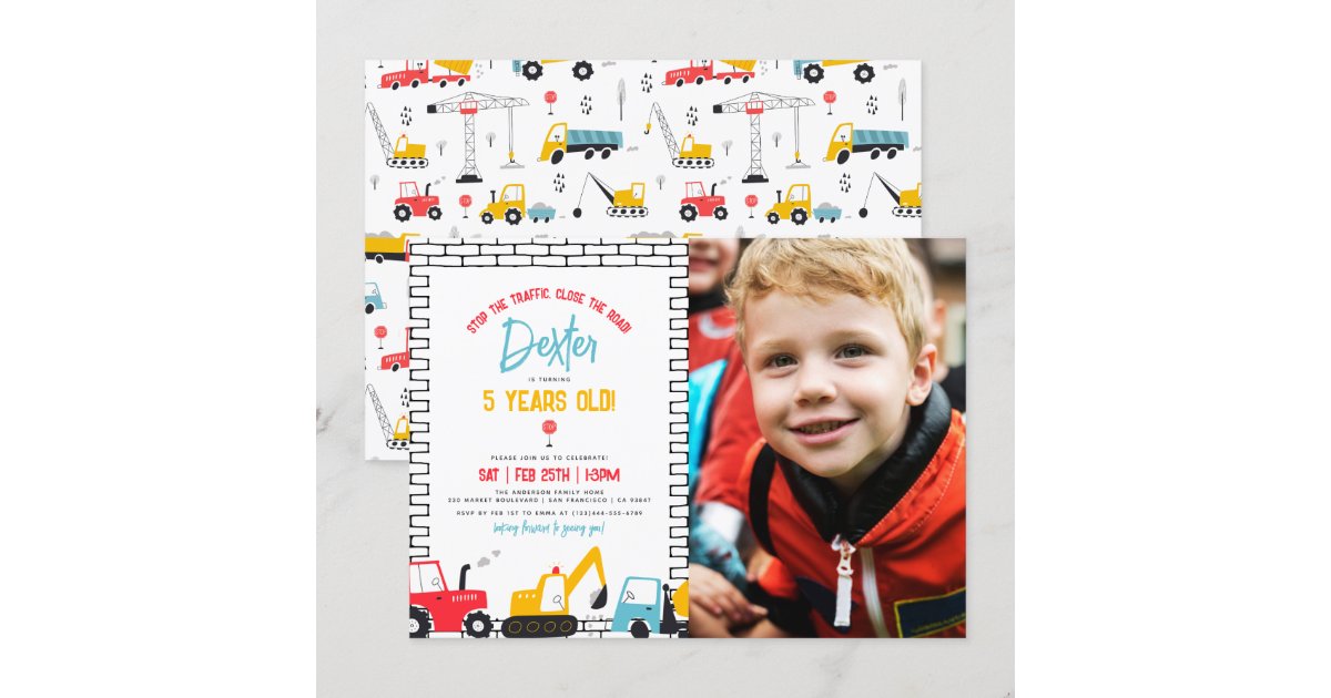 Construction Vehicles Boy Photo Birthday Party Invitation | Zazzle