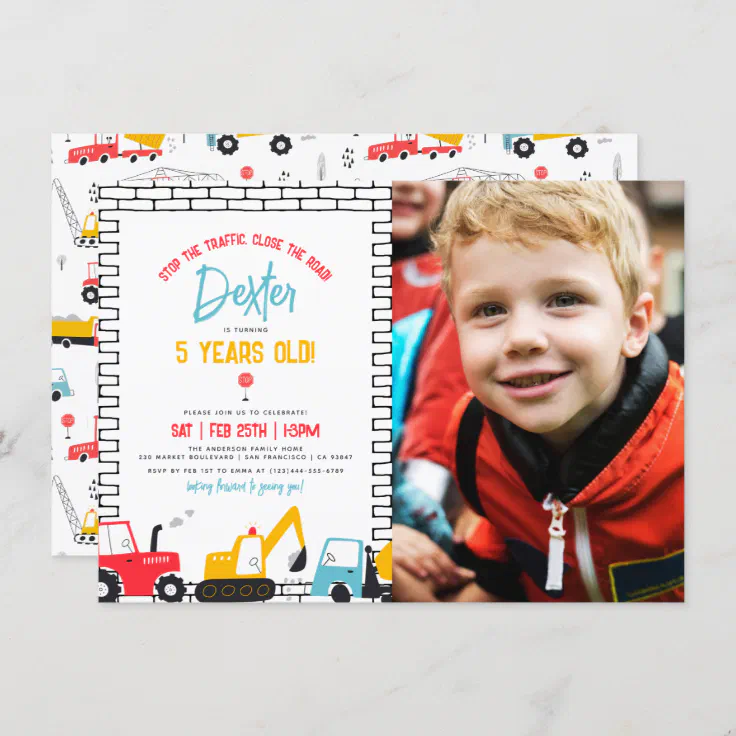 Construction Vehicles Boy Photo Birthday Party Invitation | Zazzle