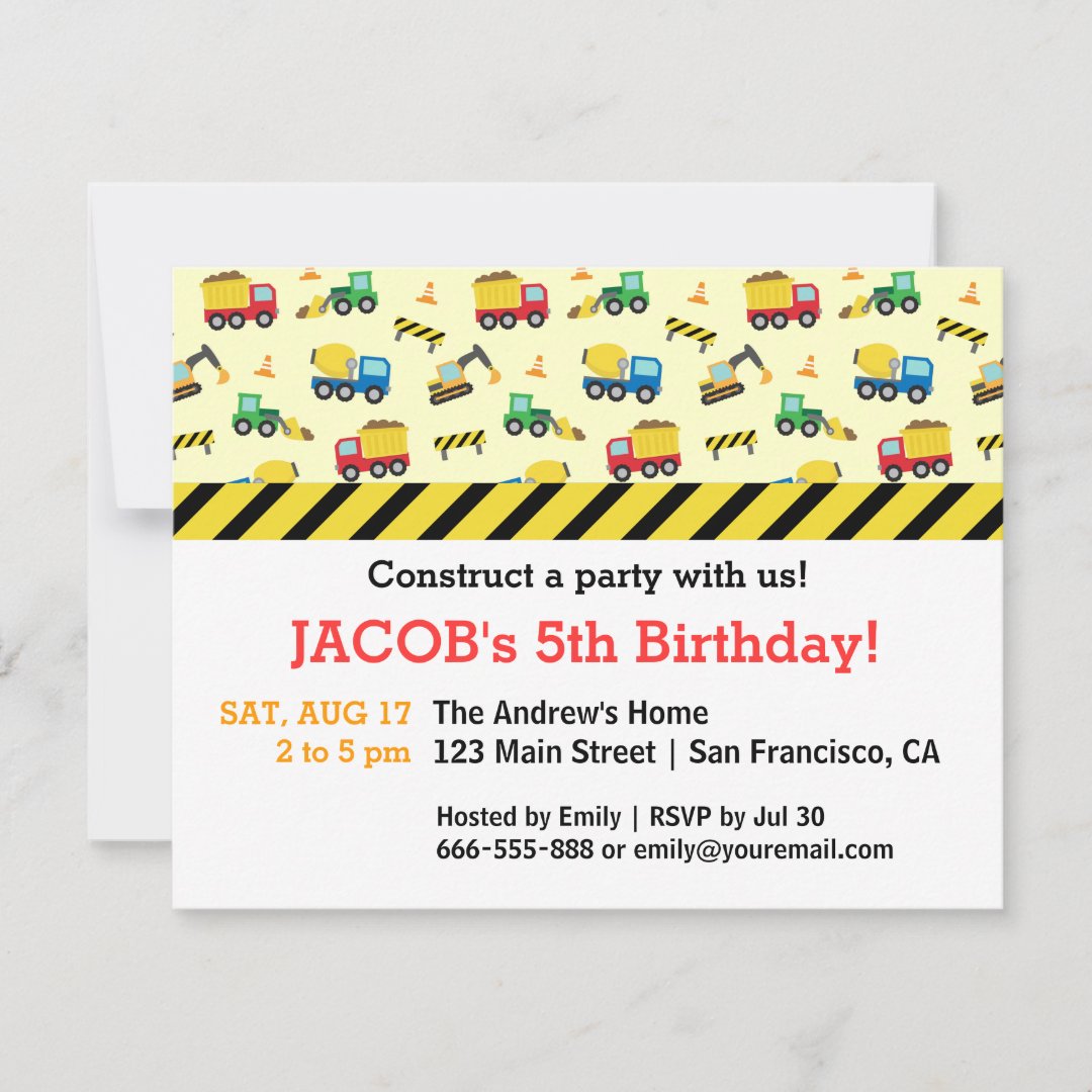 Construction Vehicles Pattern Birthday Party Invitation | Zazzle