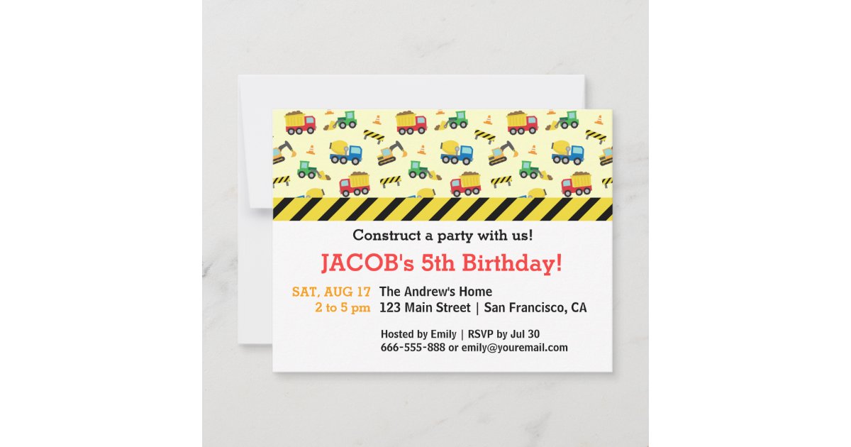 Construction Vehicles Pattern Birthday Party Invitation | Zazzle