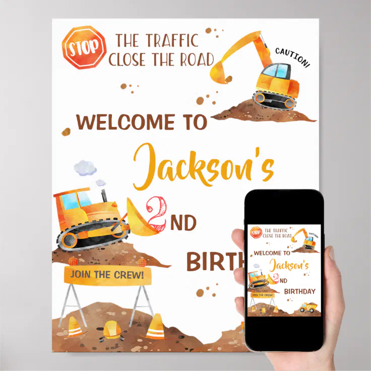 Construction welcome party sign Boy party poster | Zazzle