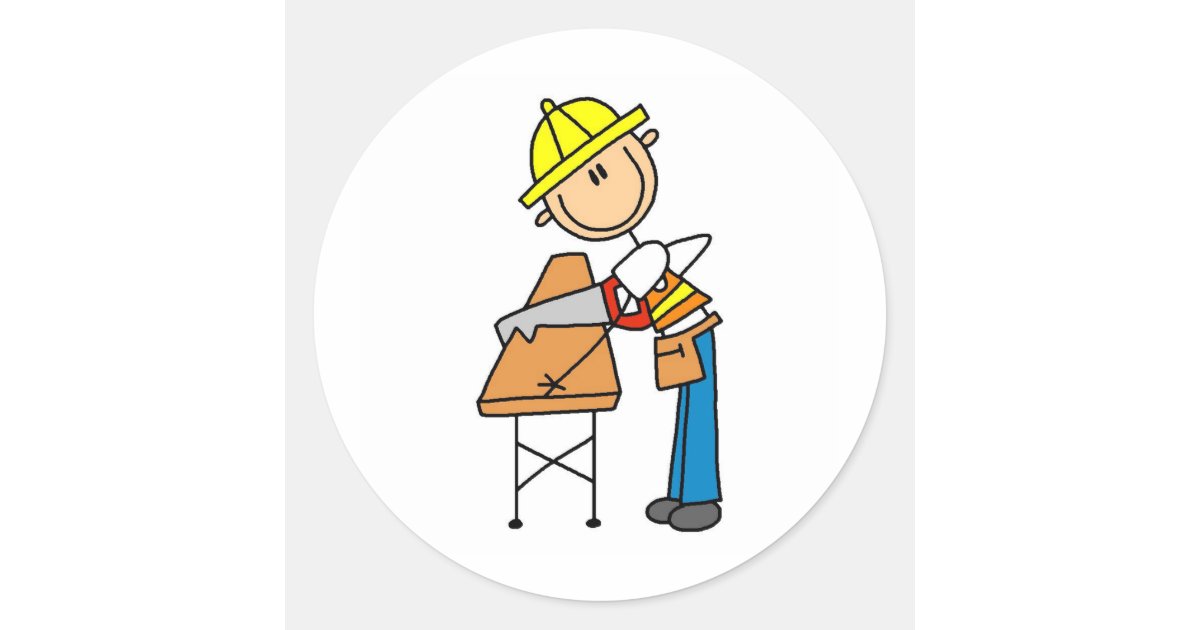Construction Worker Sawing Board Sticker | Zazzle
