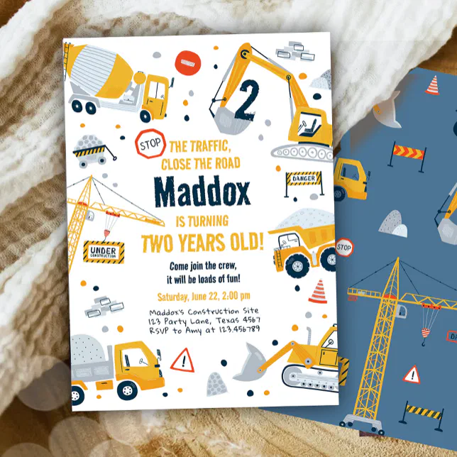 Construction Yellow Dump Truck Digger Boy Birthday Invitation | Zazzle