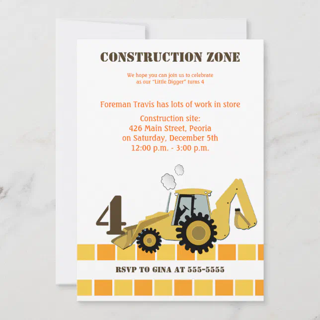 Construction Zone Backhoe Boys Birthday Invite | Zazzle