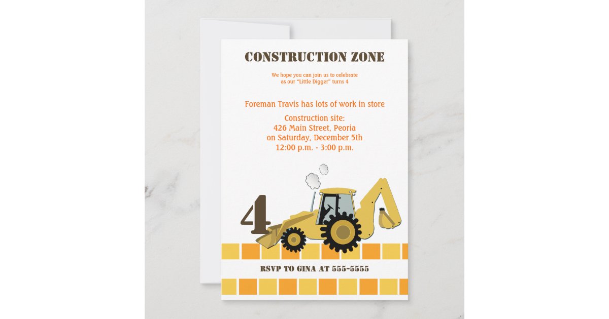 Construction Zone Backhoe Boys Birthday Invite | Zazzle
