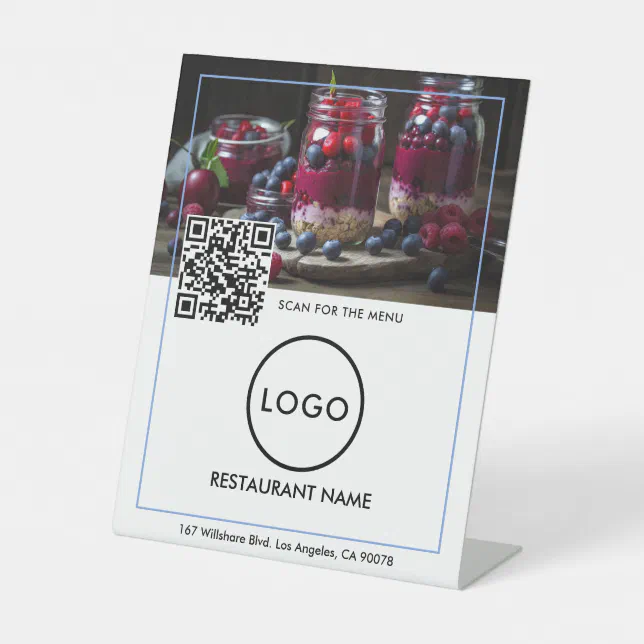 Contactless QR Code Menu | Logo Black Modern Pedestal Sign | Zazzle