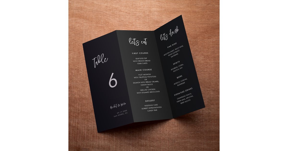 Contemporary Black Menu & Table number trifold | Zazzle