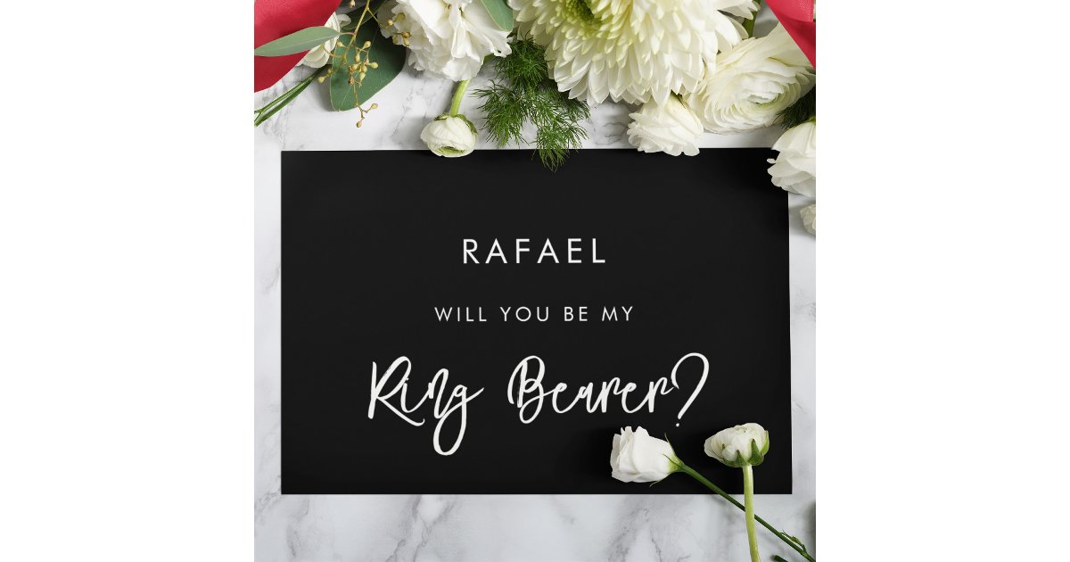 Contemporary black Ring Bearer proposal card | Zazzle