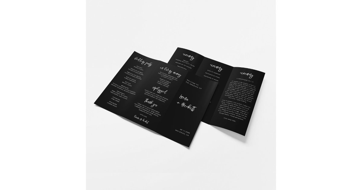 Contemporary Black Trifold Wedding program Flyer | Zazzle